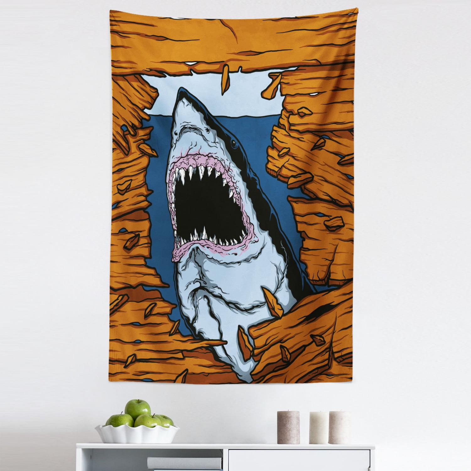Shark Tapestry, Wild Fish Breaking Wooden Plank Danger Sign Killer ...