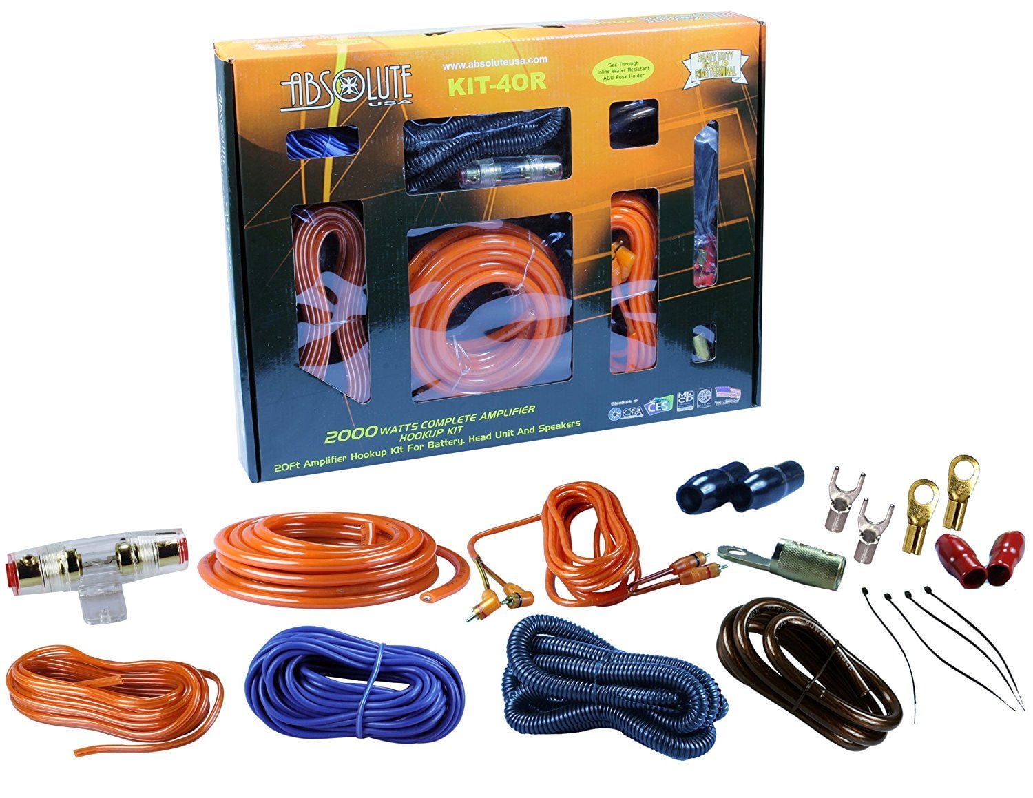 Absolute USA KIT-4OR 2000 Watts Complete Amplifier Hookup Kit (Orange ...