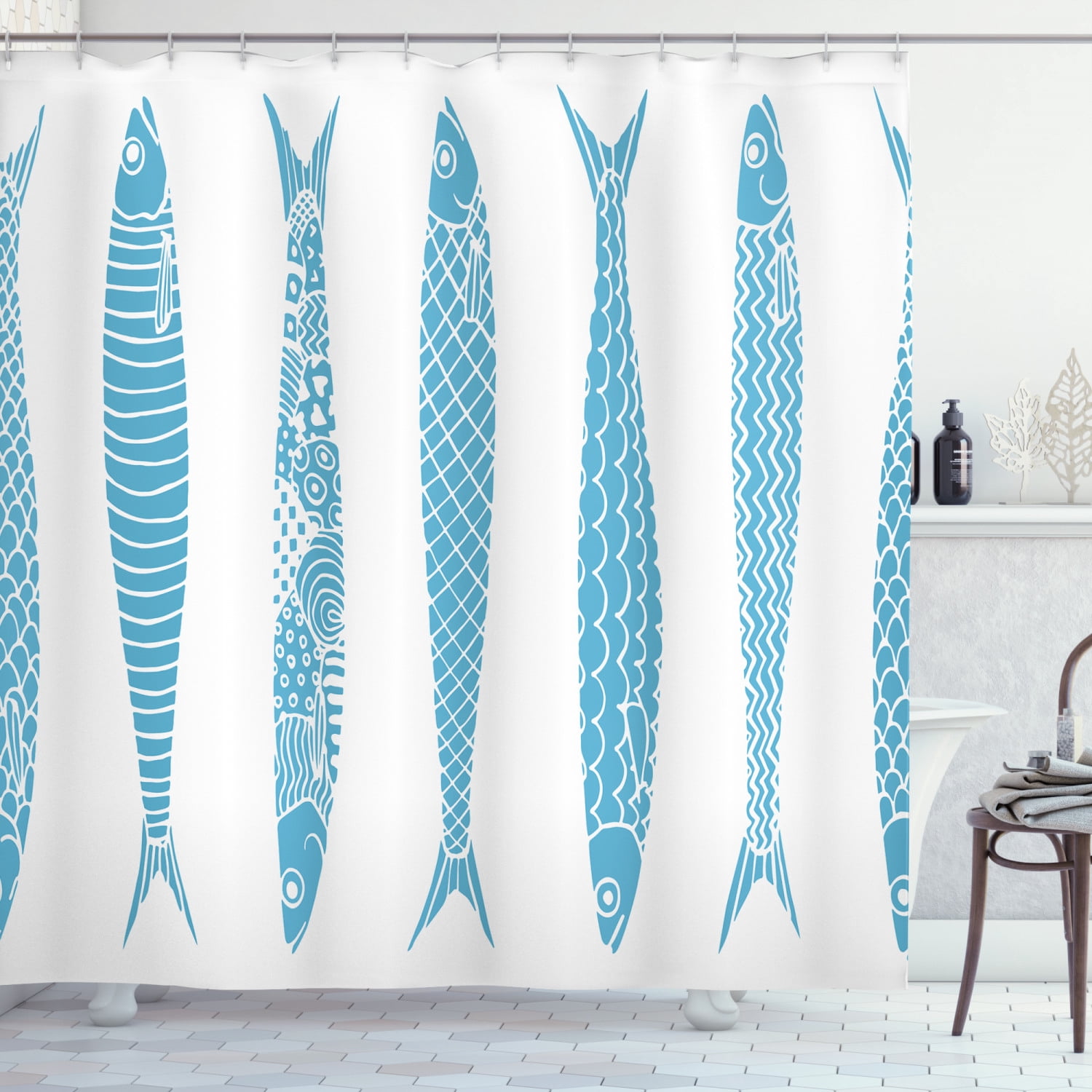 Marine Shower Curtain, Ornamental Sardine Fish Nautical Swimming Ocean ...