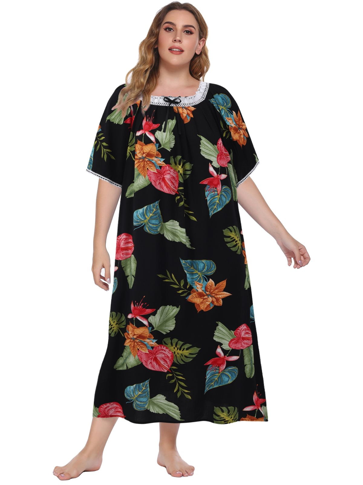EFINNY Women's Plus Size Long Nightgowns Floral Print Short Sleeve Long ...