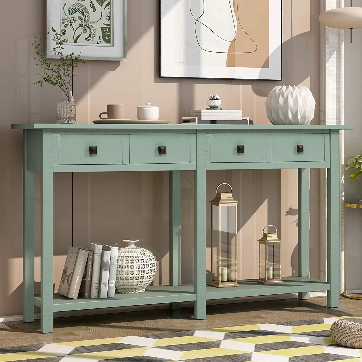 Retro Console Table Sofa Table for Entryway with Drawers and Shelf ...