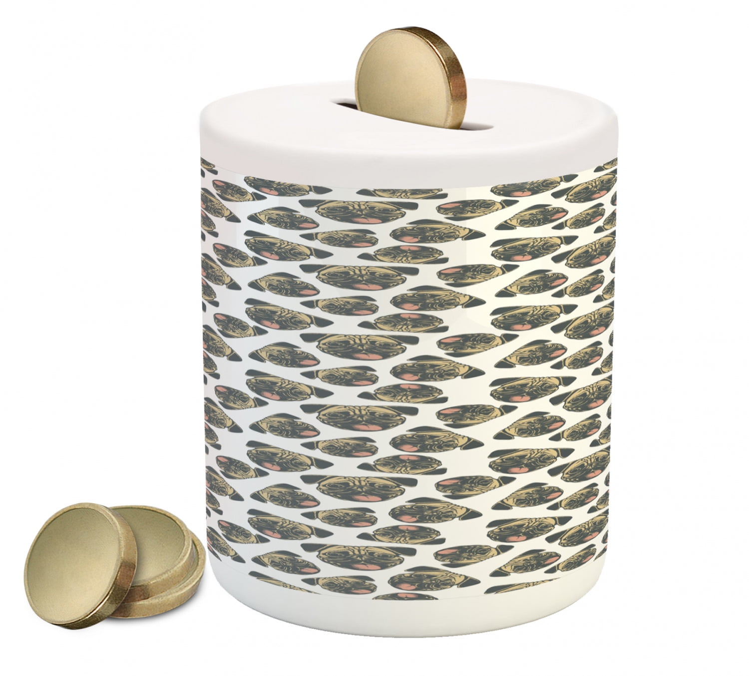 Pug Piggy Bank, Cheerful Playful Animals Dog Heads with Tongues out and ...