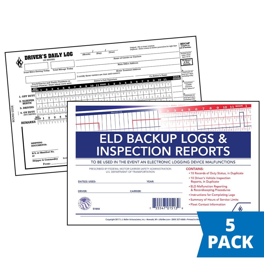 ELD Backup Driver Log Book 5-Pack - 2-Ply Carbonless, 8.5" x 5.5", 10 ...