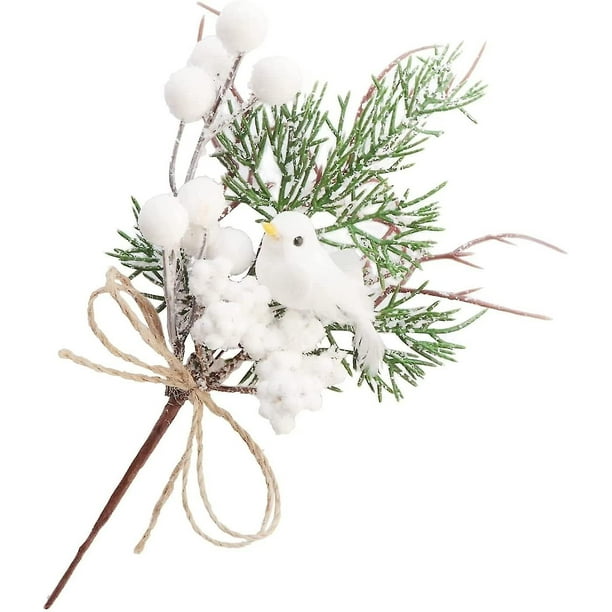 White Berry Picks, 8 Pcs Christmas Pine Picks With Birds Glitter Holly ...