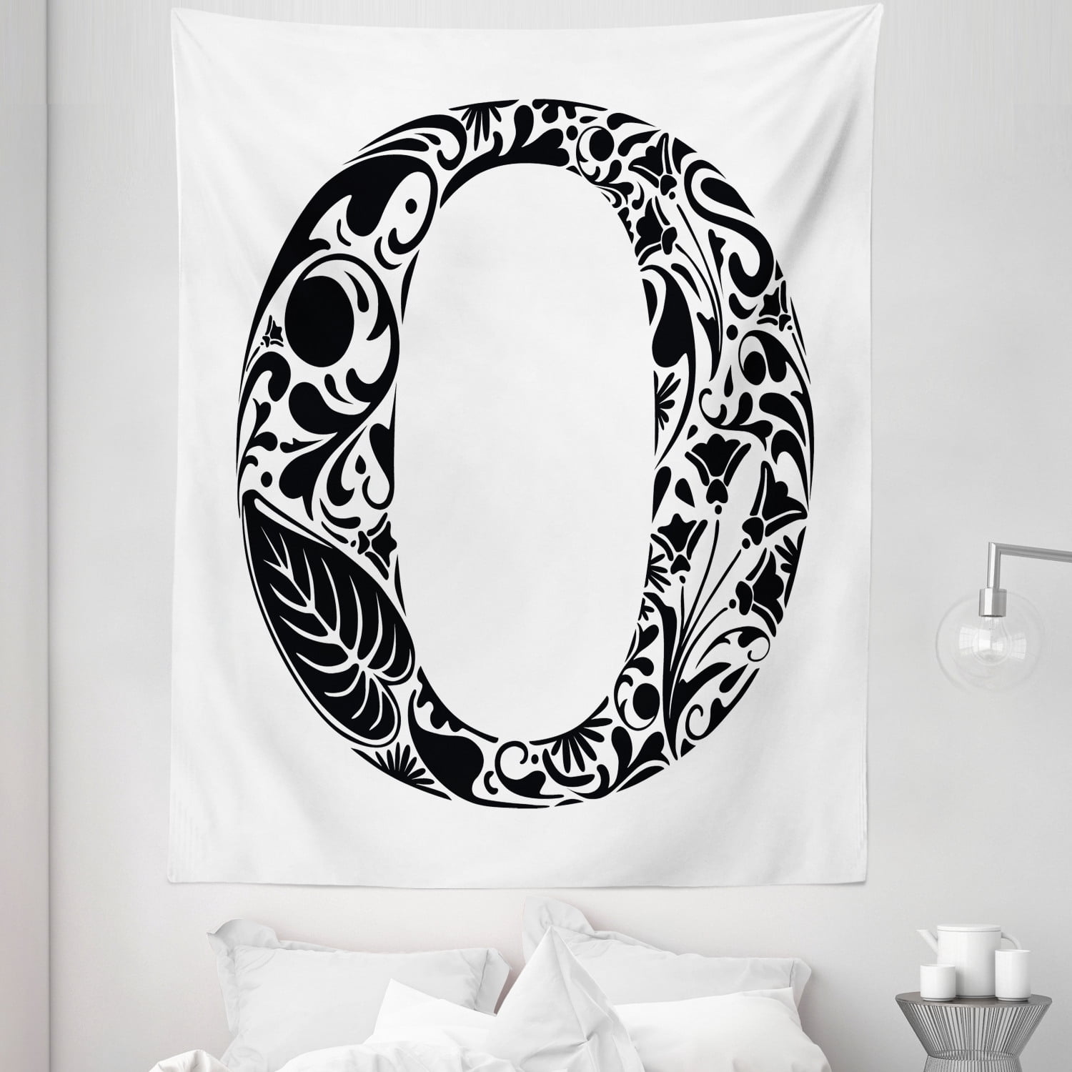 Letter O Tapestry, Monochromatic Design Uppercase O with Classical Leaf ...