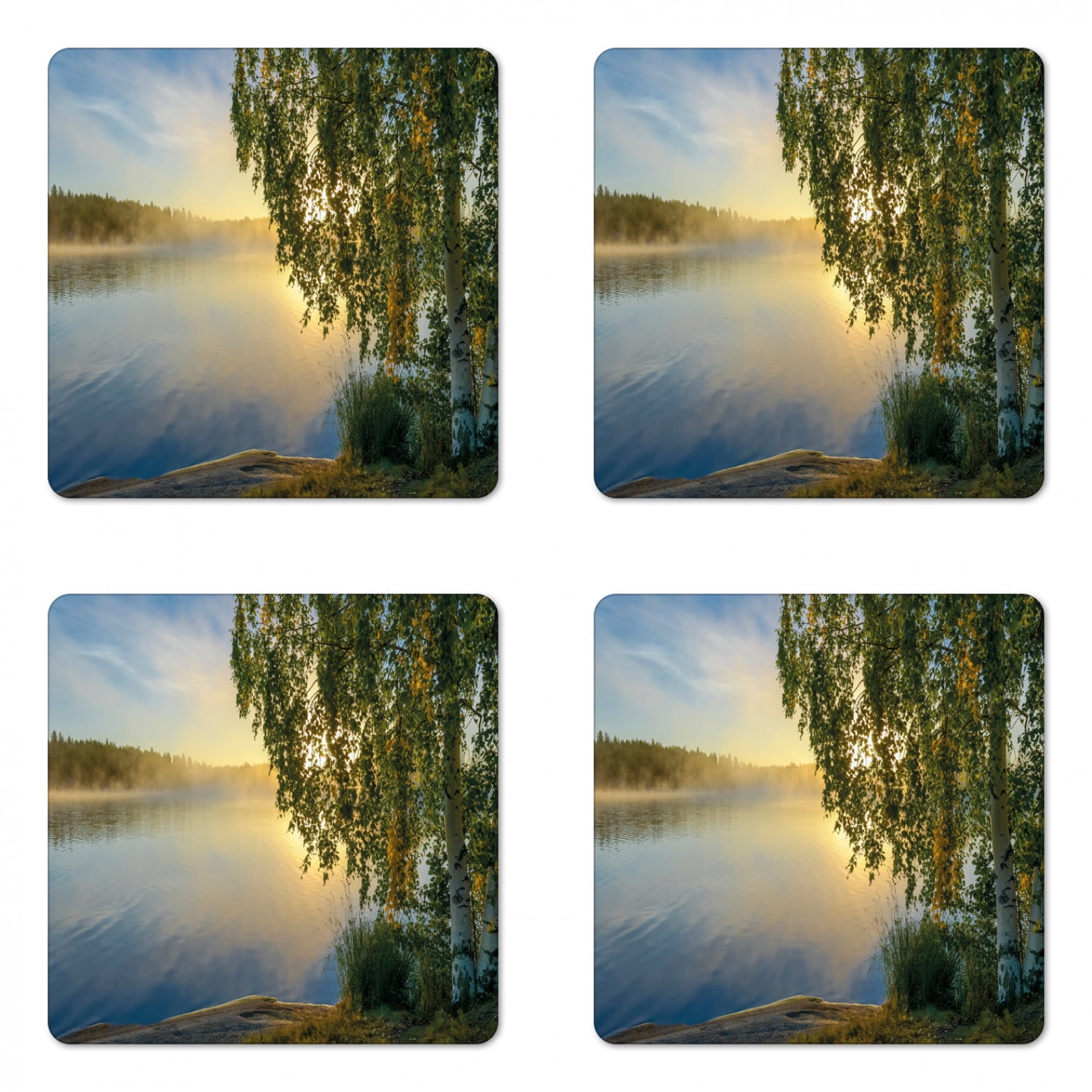 Nature Coaster Set of 4, Sunny Day by Misty Lake Tree Summer Season ...