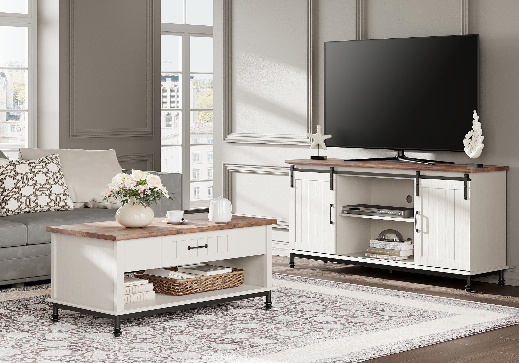 WAMPAT Premium Farmhouse Coffee Table Set of 2, 1 Large Rectangle ...