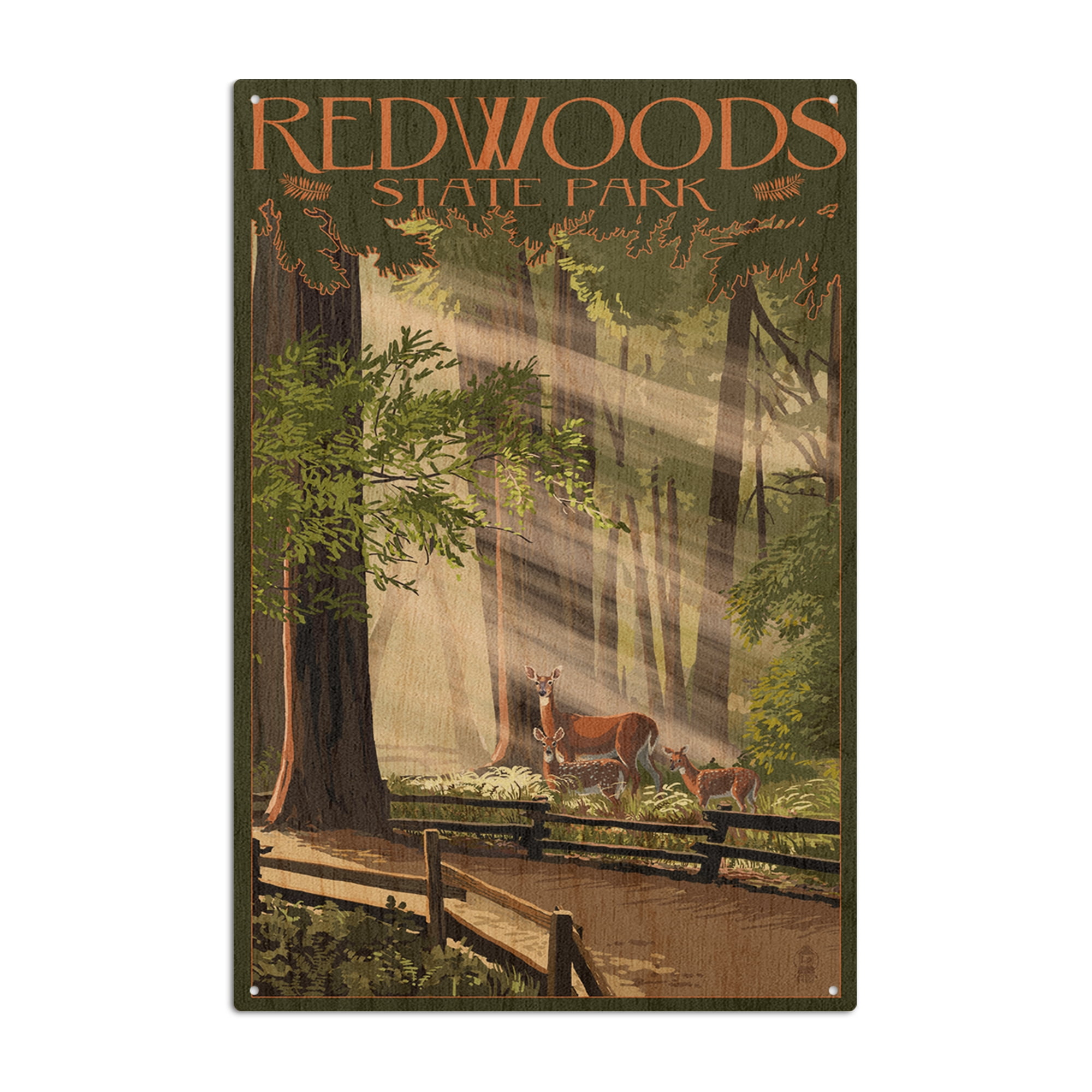 Redwoods State Park, Deer and Fawns Birch Wood Wall Sign (6x9 Rustic ...