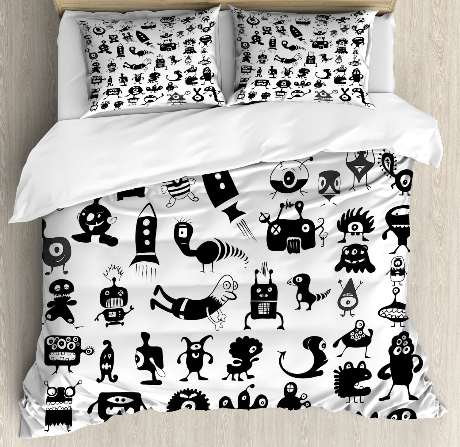 Doodle Queen Size Duvet Cover Set, Cartoon Style Doodles with Space ...