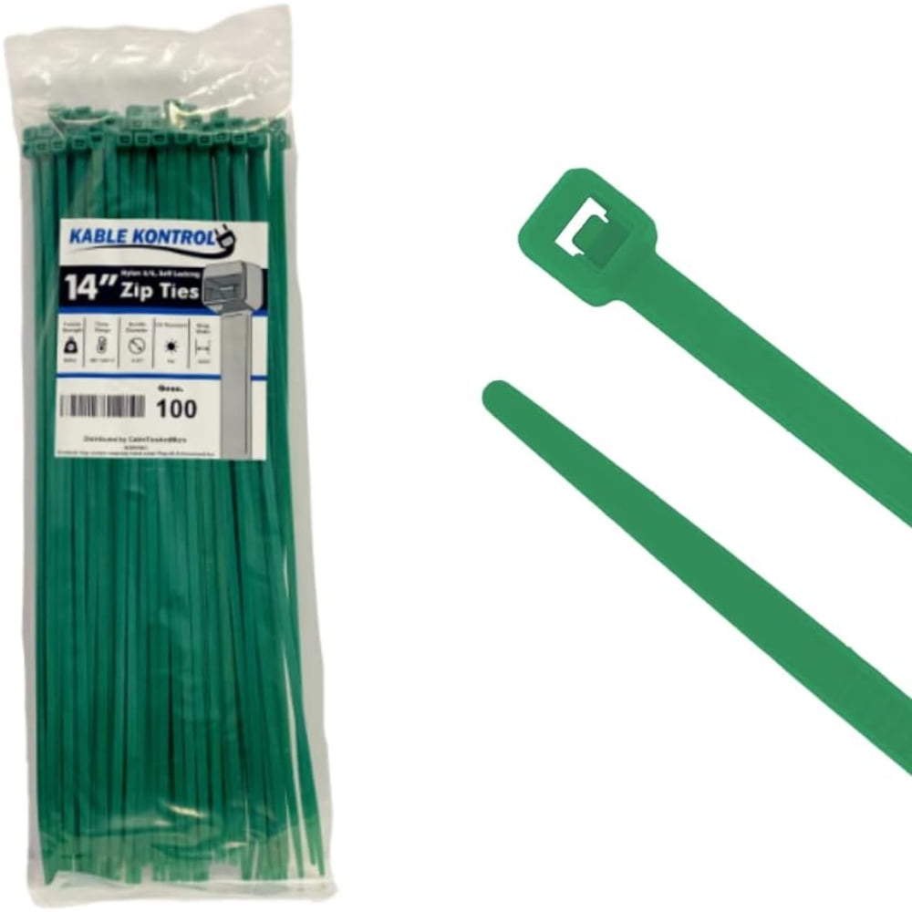 Kable Kontrol Zip Ties - 14" Long - 100 Pc Pk - Green color - Nylon - 50 Lbs Tensile Strength ...