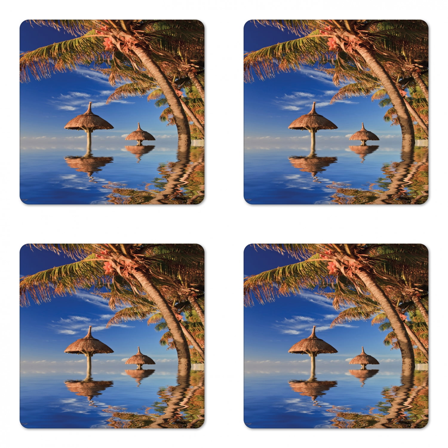 Nature Coaster Set of 4, Tropic Palm Trees in Ocean Exotic Skyline ...