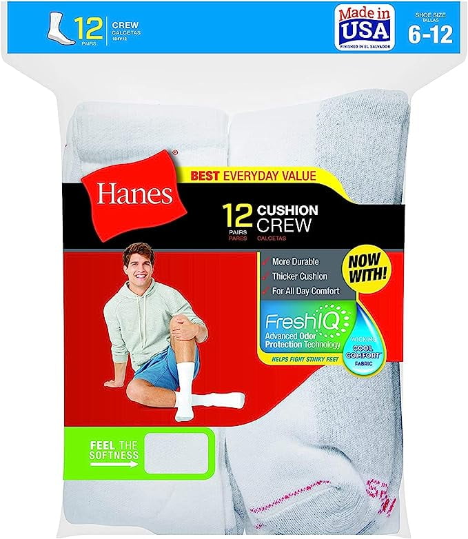 Hanes Mens Crew Socks, White, 10-13/Shoe Size 6-12 12 Pairs, White ...