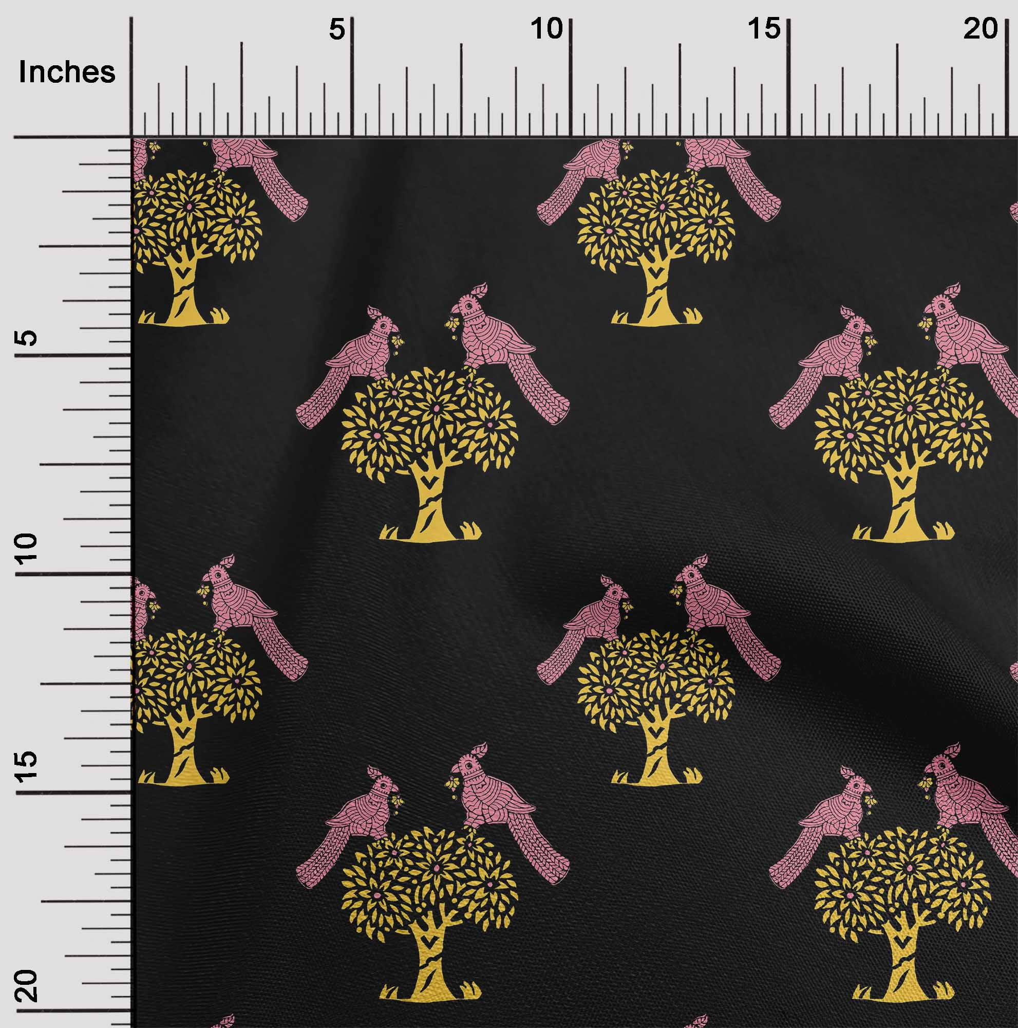 oneOone Organic Cotton Poplin Twill Fabric Bird & Tree Block Printed ...