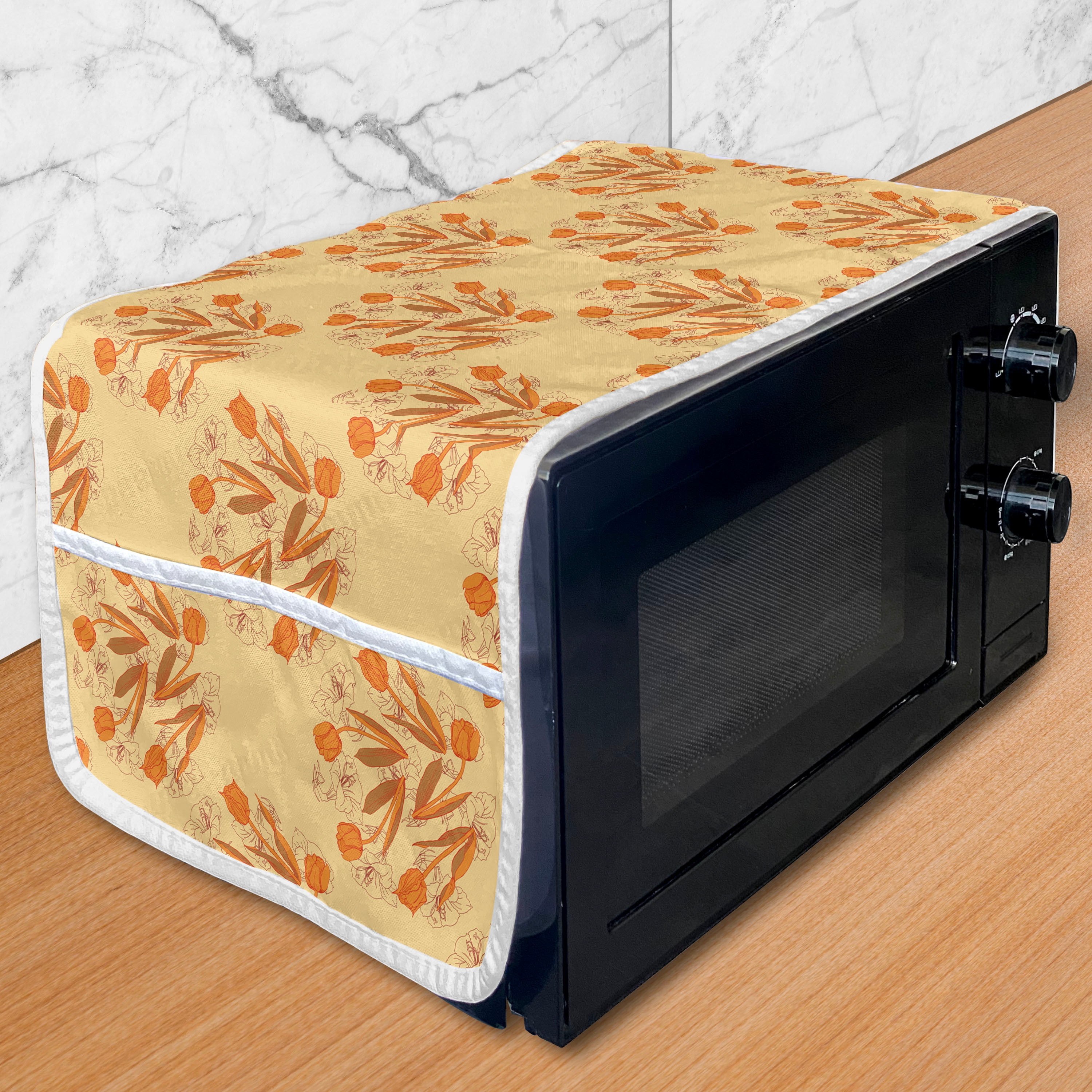 Orange Microwave Oven Cover, Nostalgic Floral Concept with Repetitive Tulip Flowers Sketches ...