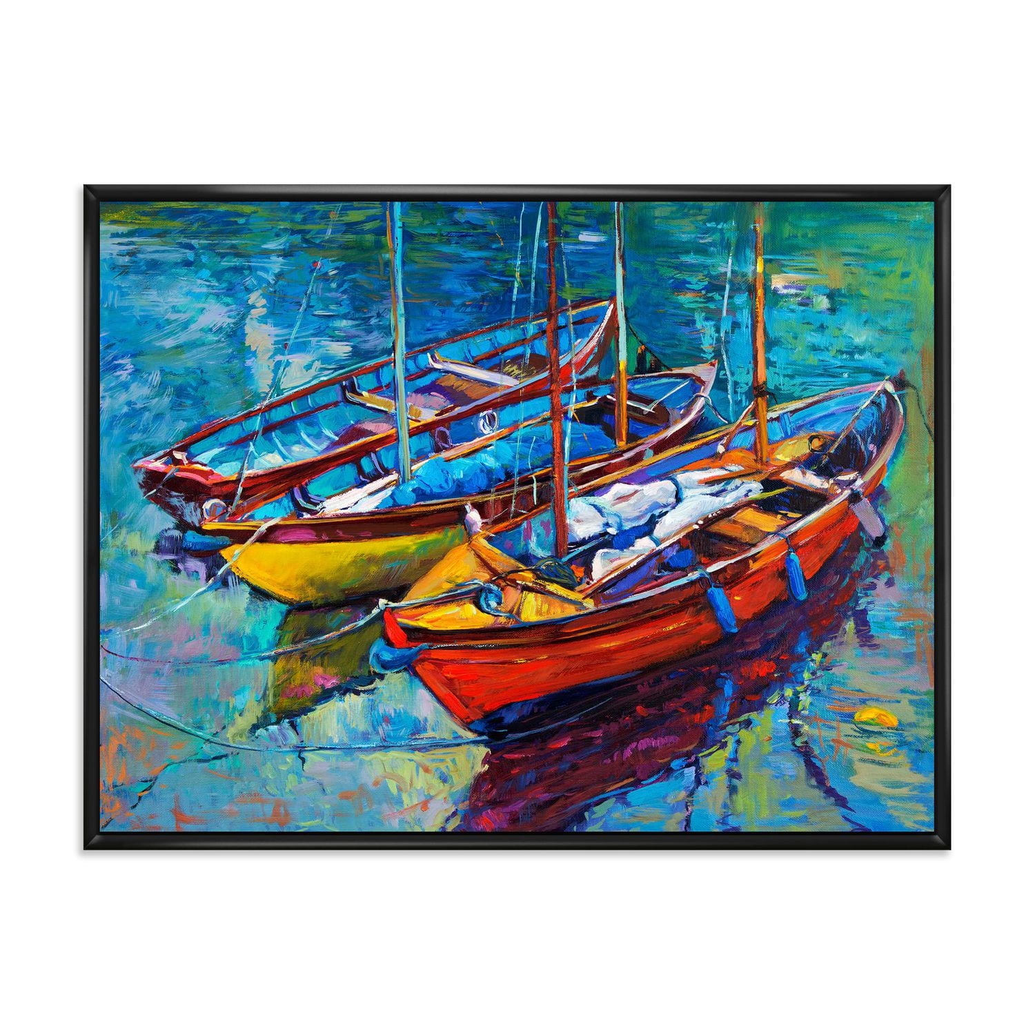 Designart Three Boats In The Harbor Float Frame Wall Art 32in X 16in