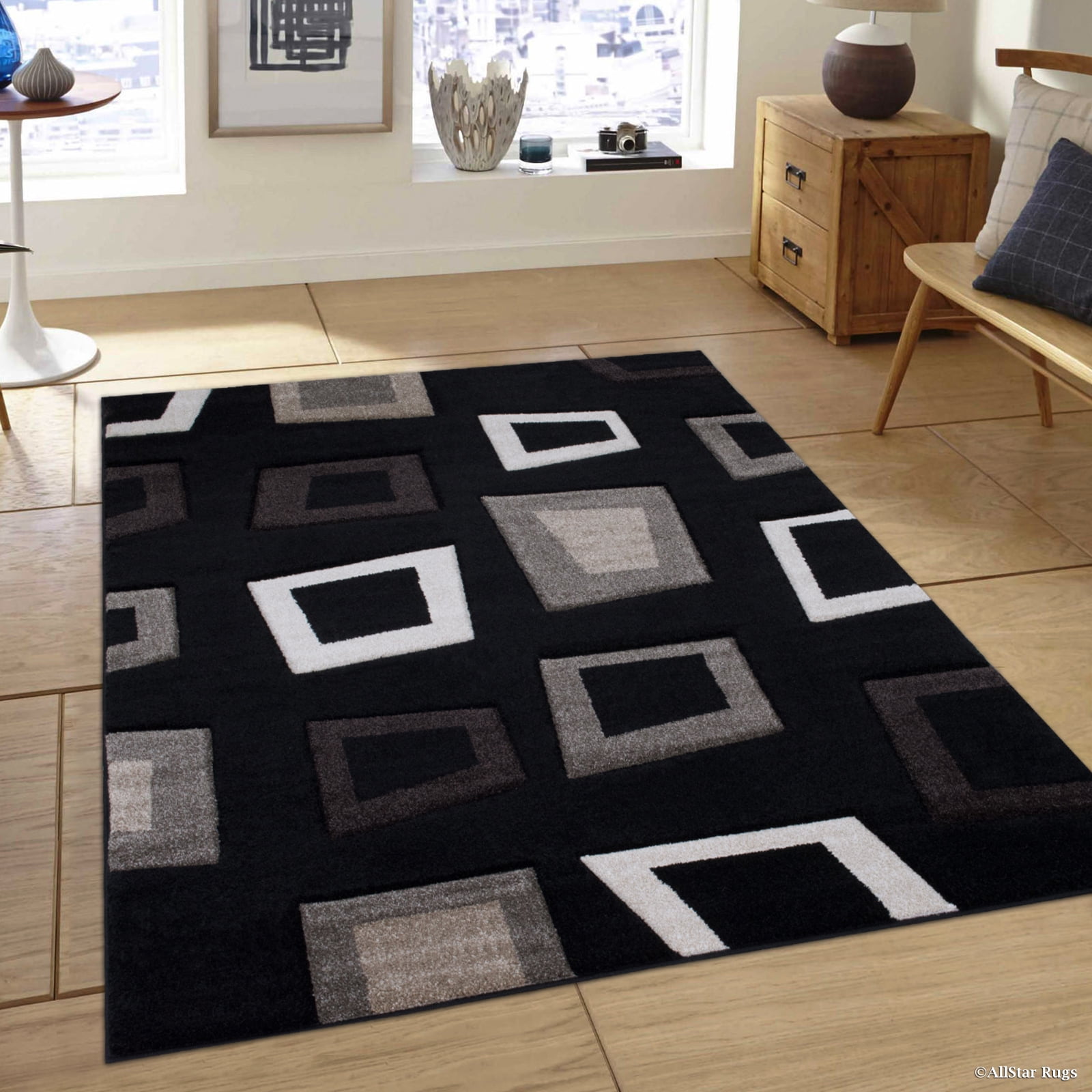 Allstar Black Modern Geometric square design Area Rug (3' 9" x 5' 1 ...