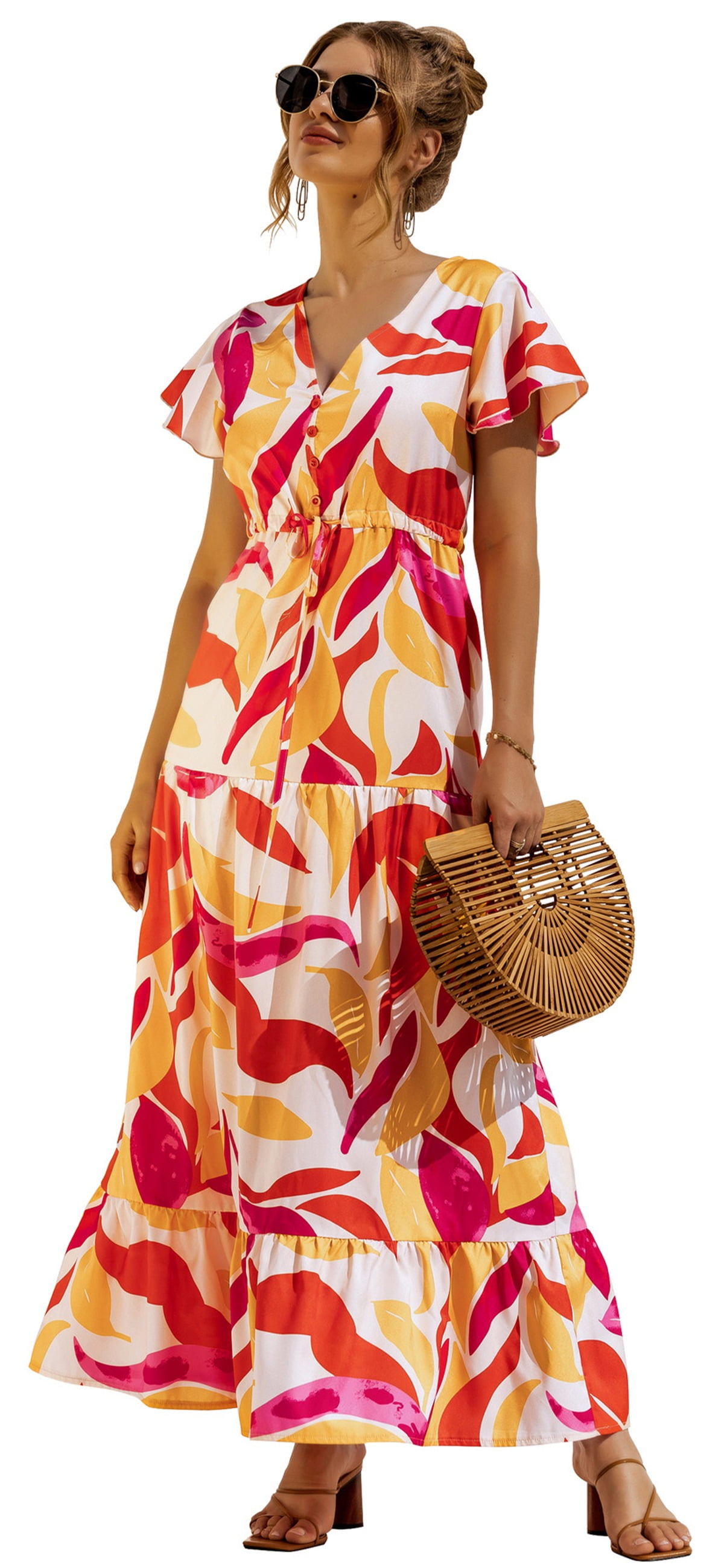 Mengpipi Vintage Floral Print Maxi Dress Women Elegant V Neck Button ...