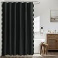 Black Scalloped Linen Textured Shower Curtain with 12 Metal Hooks ...