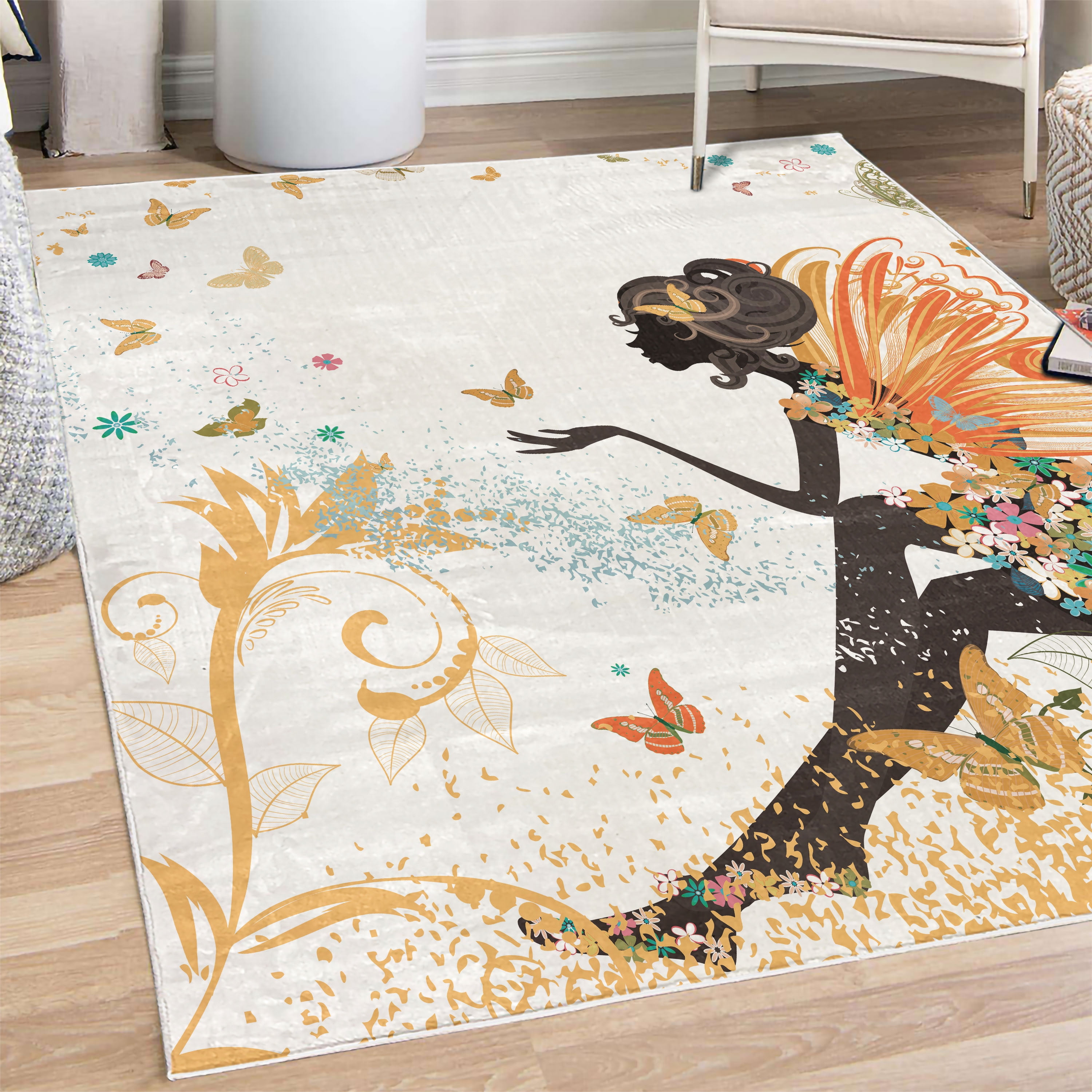 Fantasy Decorative Rug, Spring Girl Wings in a Floral Dress Surreal ...