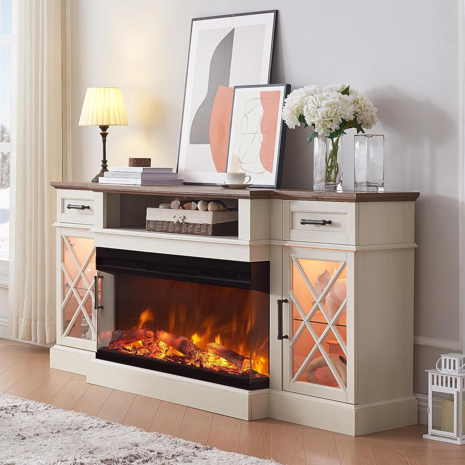OKD 3 Sided Glass Farmhouse 70 Fireplace TV Stand For TVs Up To 80 OKD 3 Sided Glass Farmhouse 70 Fireplace TV Stand For TVs Up To 80