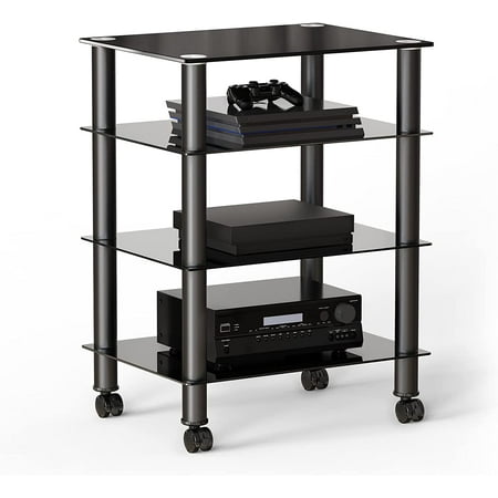 Corner TV Stand with Wheel,4-Tier Black Glass Media Unit for TV, Gaming ...