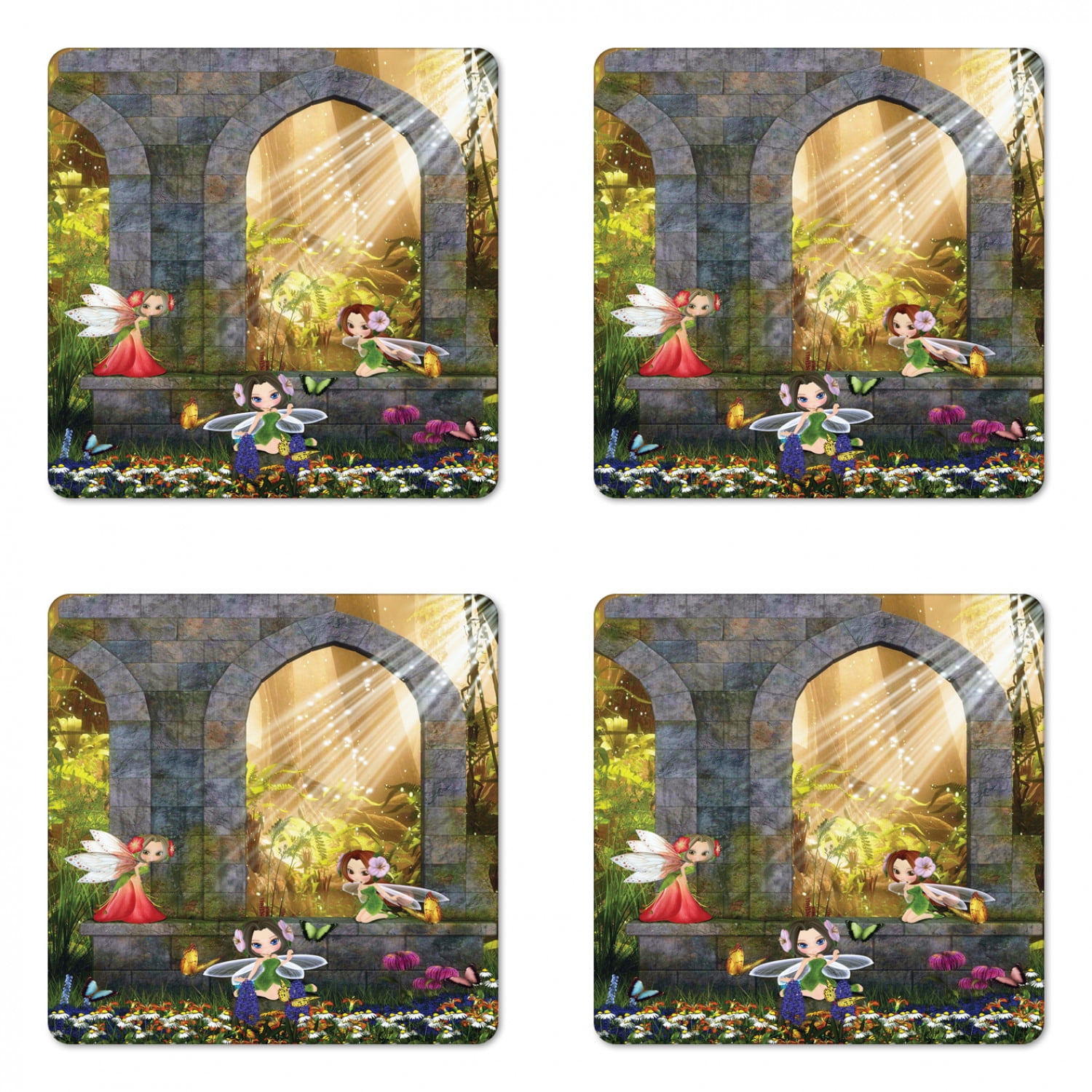 Garden Coaster Set of 4, Fairies Playing in the Ruins with Flowers ...