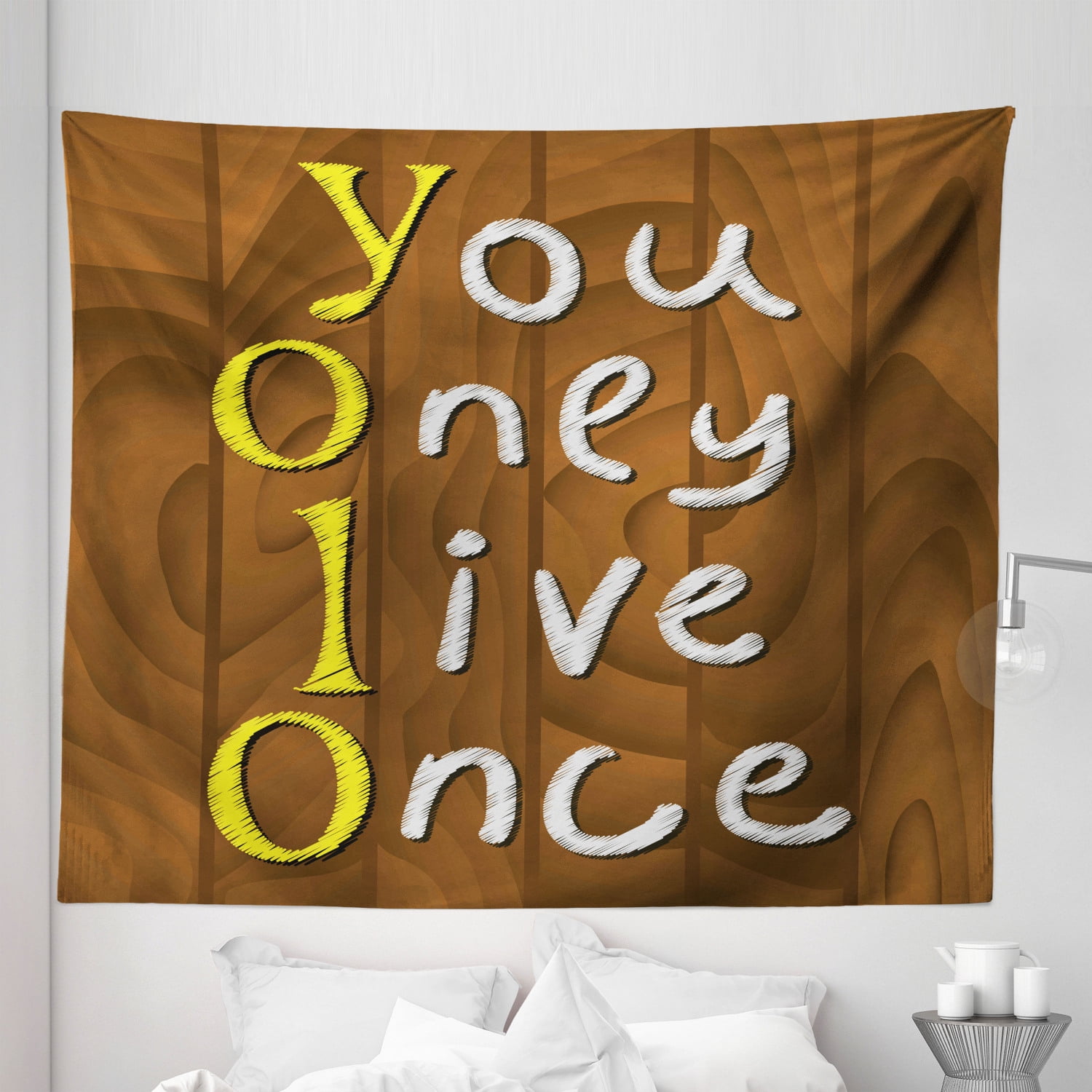 YOLO Tapestry, Cartoon Style Wooden Rustic Background with Meaningful ...