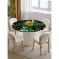 Black Cat Round Fitted Tablecloth with Elastic Edge, Pink Orange Flower ...