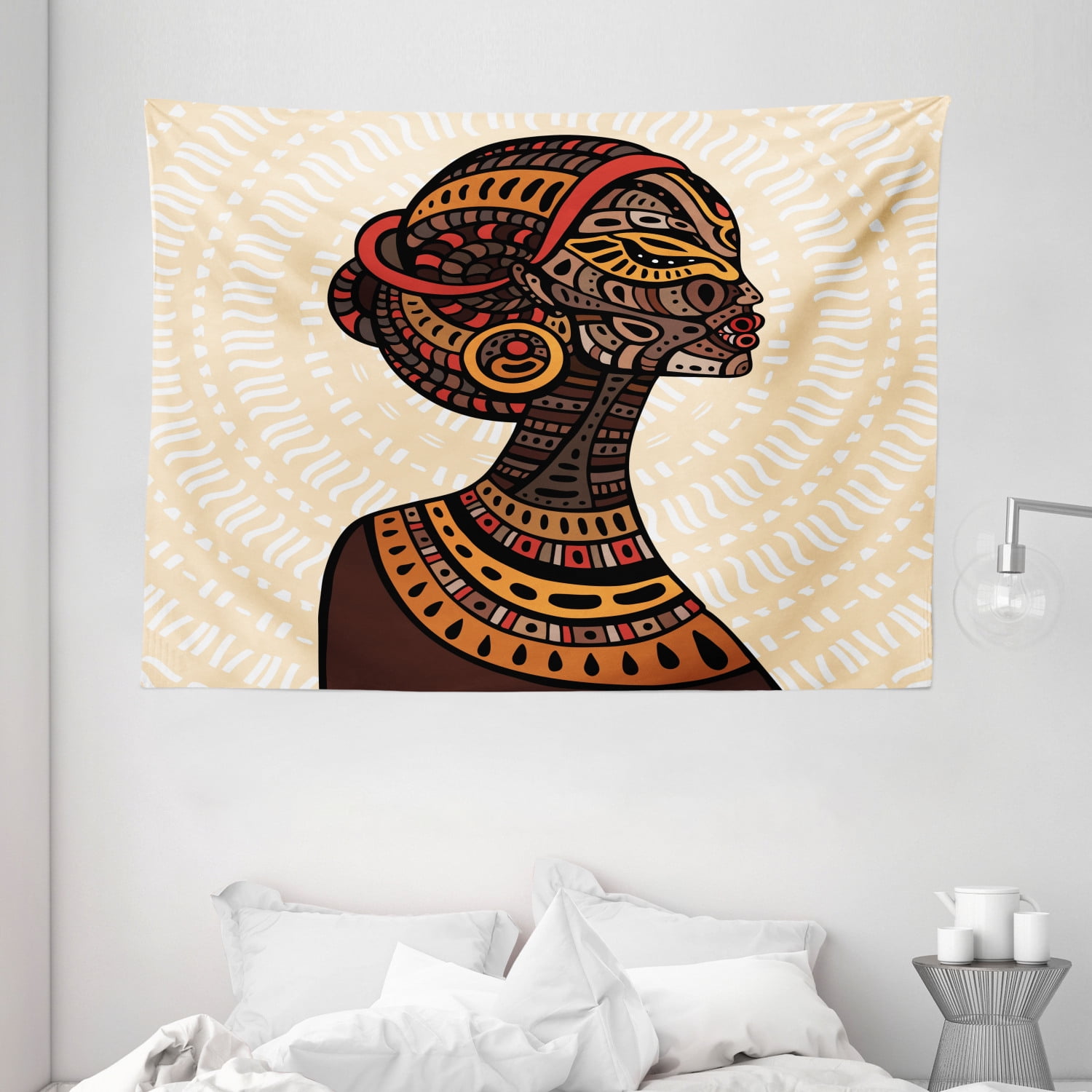 African Woman Tapestry, Hand Drawn Ethnic Illustration Profile Portrait ...