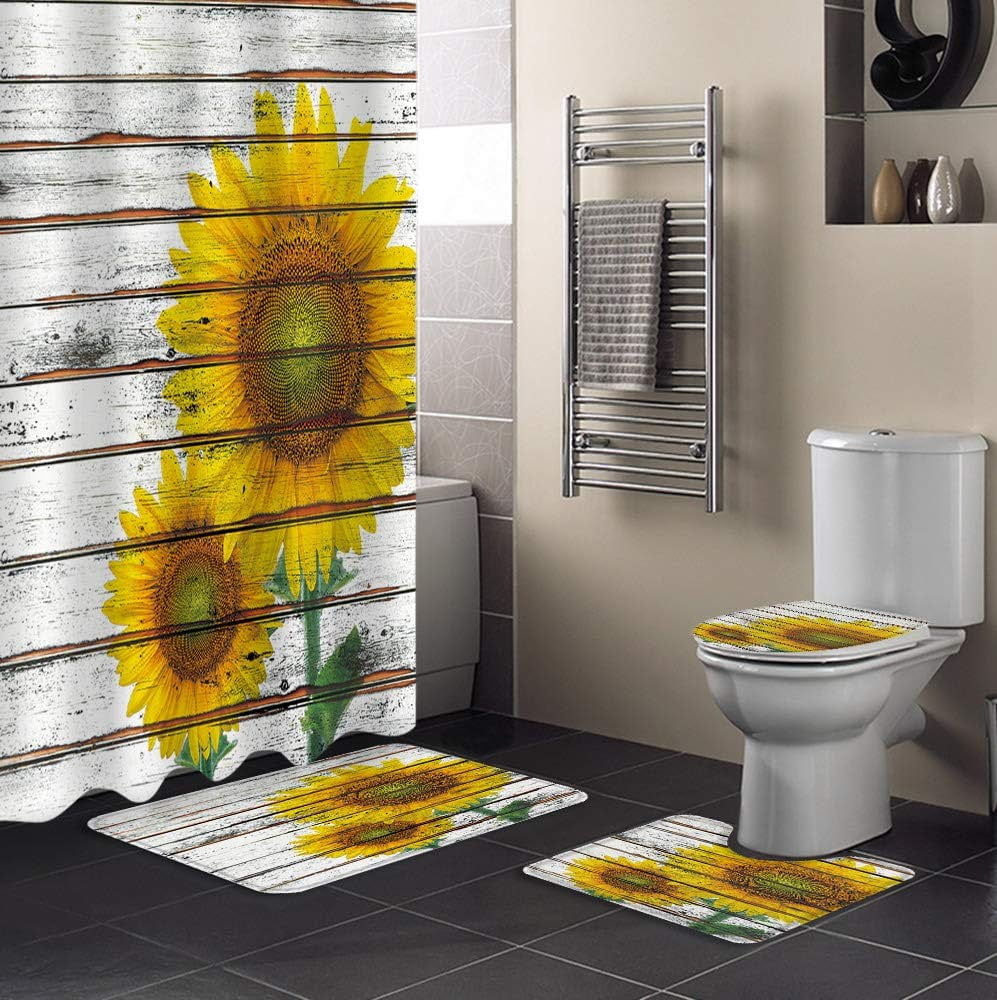 FMSHPON Floral 4 Piece Bathroom Set Shower Curtain Bath Rug Contour Mat ...