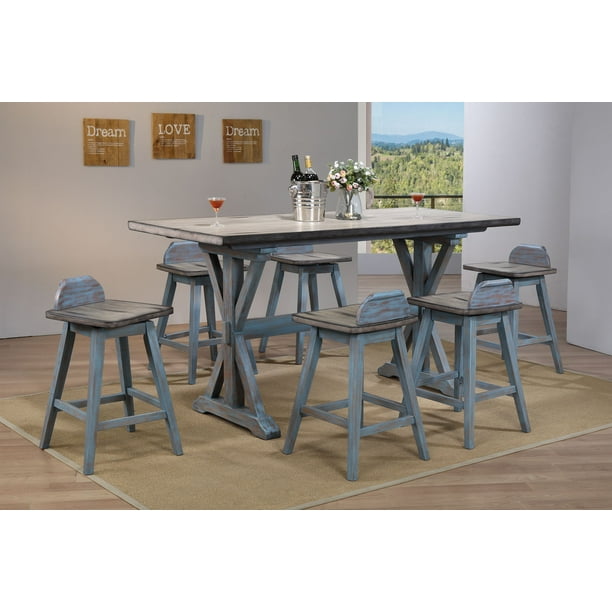 Kris 7-Piece Counter Height Dining Set, Distressed Gray & Washed Blue ...
