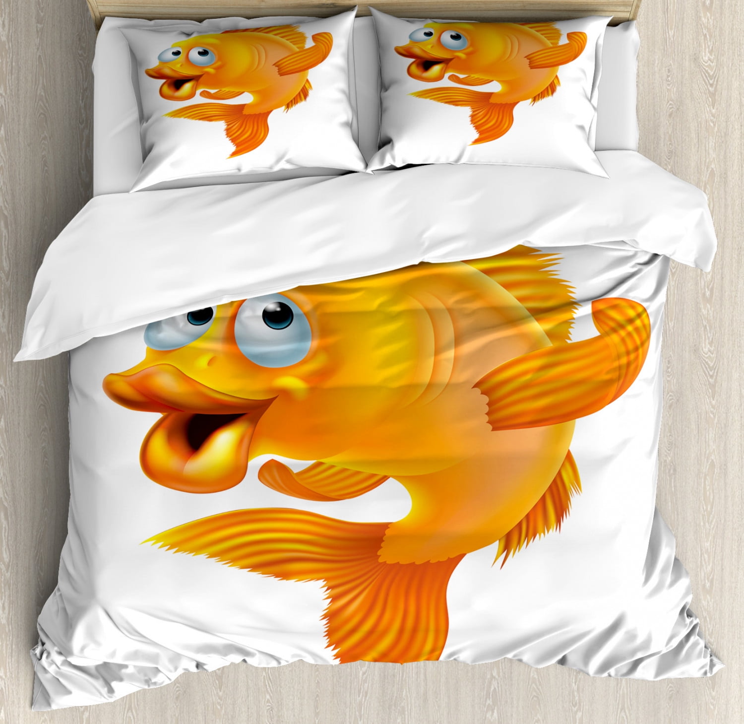 Fish Queen Size Duvet Cover Set, Cartoon Character Happy Goldfish ...