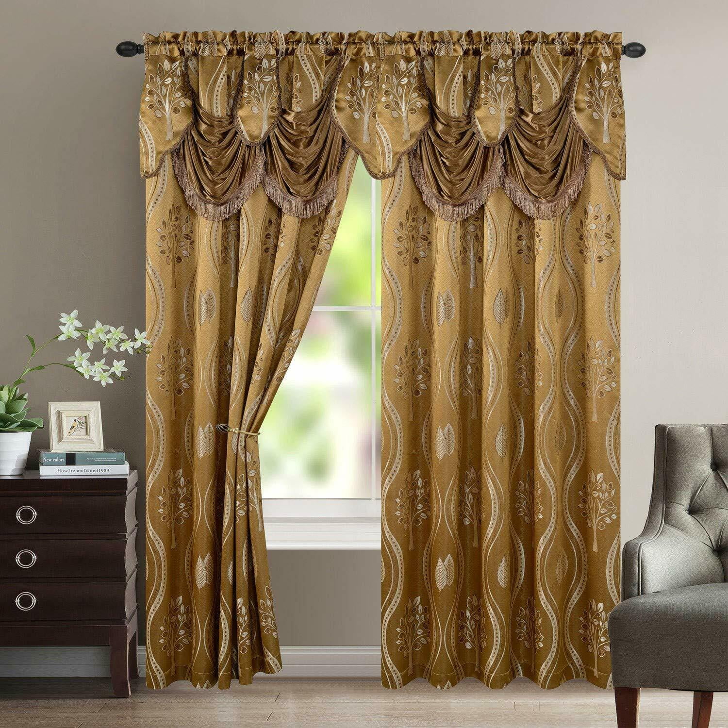 Set of 2, Aurora Tree Leaf Jacquard Window Panel with Attached Valance ...