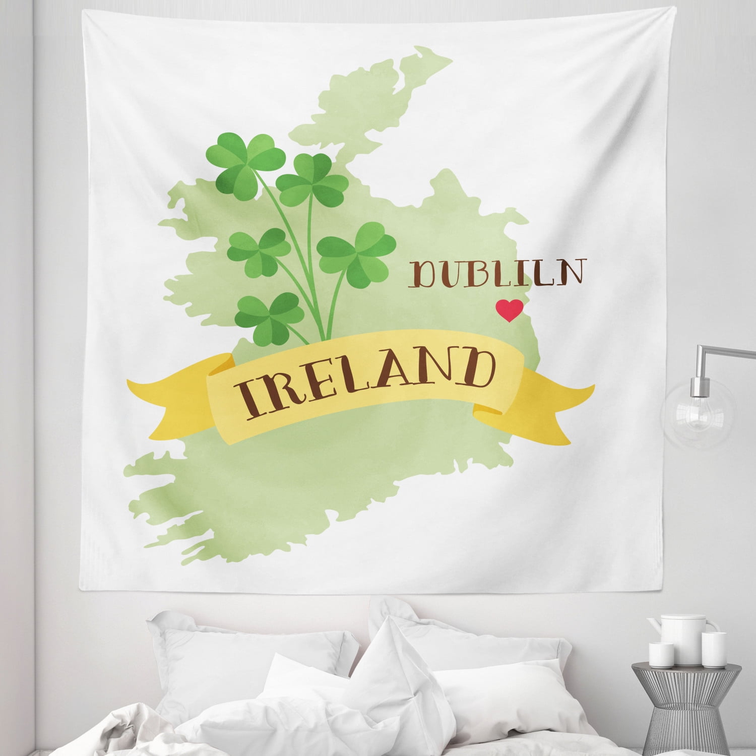Ireland Map Tapestry, Nature Themed Dublin Wording Green Shamrock ...