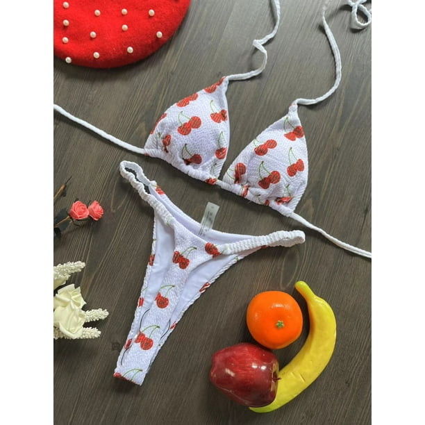 Swimwear Women Cute Cherry Print Brazilian Thong Bikini Set Sexy Thong ...