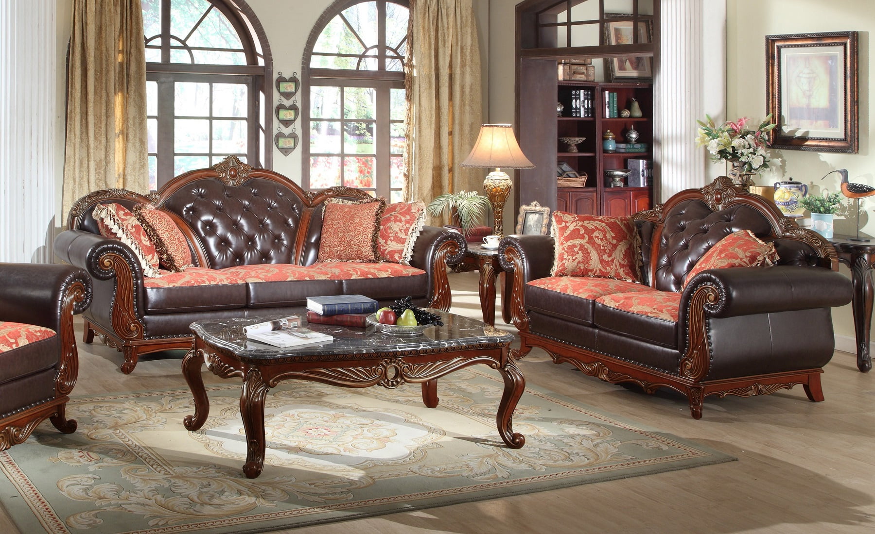 Antique Luxurious Traditional 2pcs Sofa Set Brown Bonded Leather Rich ...