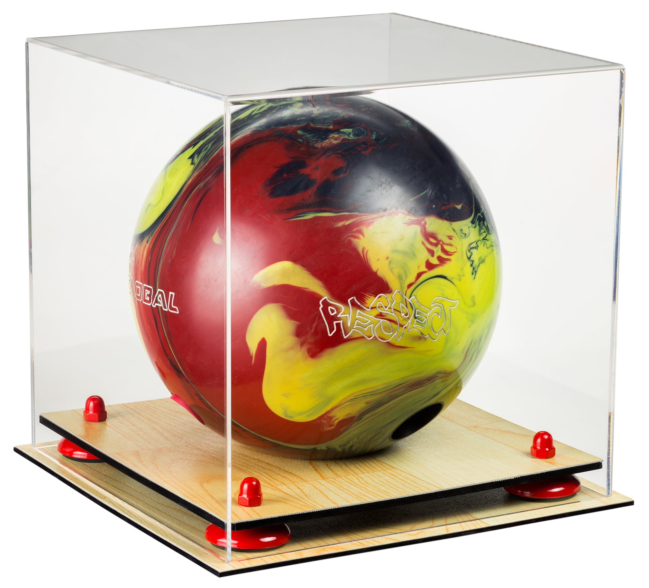 Deluxe Clear Acrylic Bowling Ball Display Case with Red Risers and Wood ...