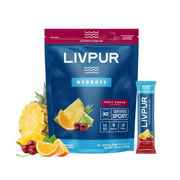 Mezcla de electrolitos LivPur Hydrate Fruit Punch, 15 unidades | Bodega Aurrera en línea