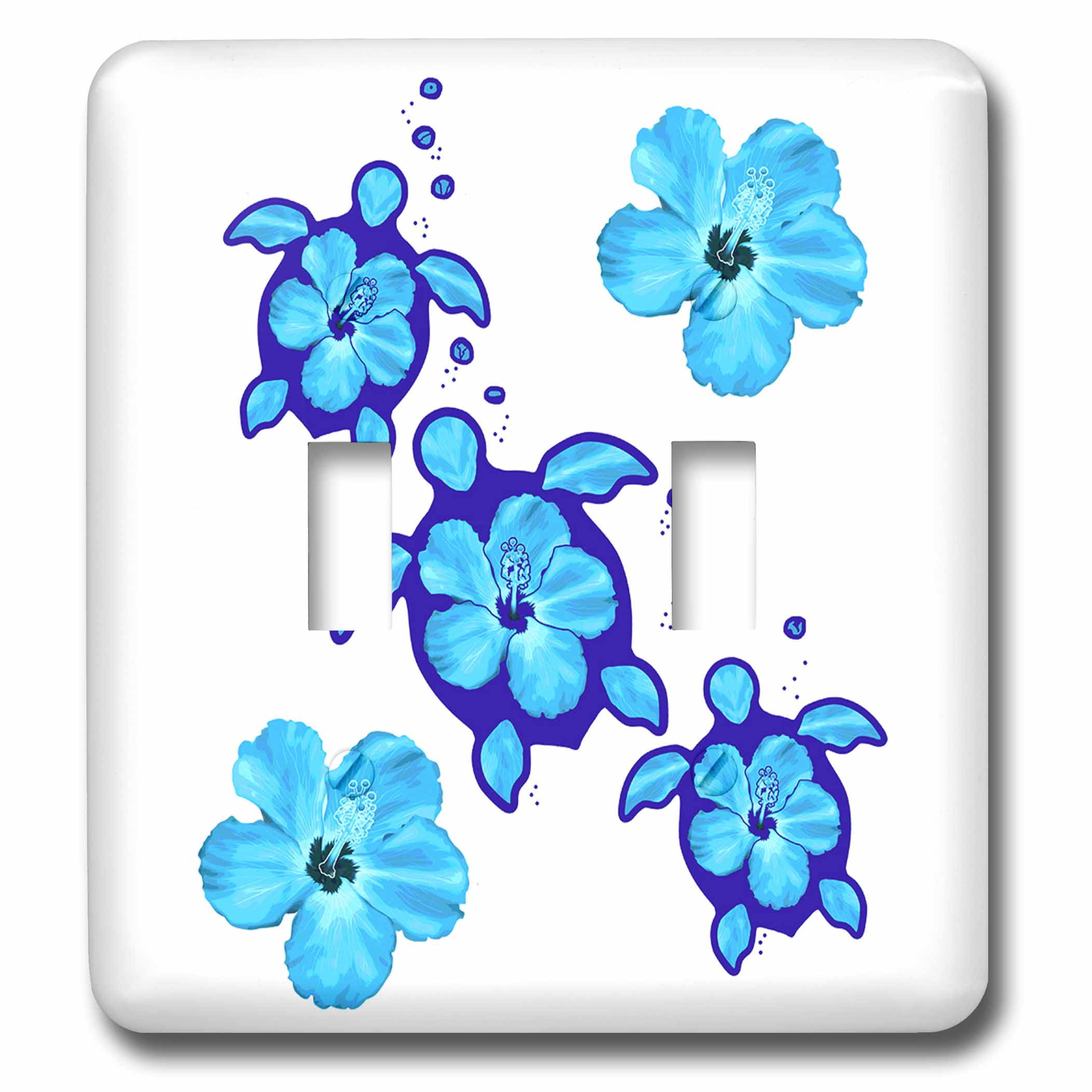 Ocean blue Hawaiian Honu sea turtles symbols and tropical flowers ...