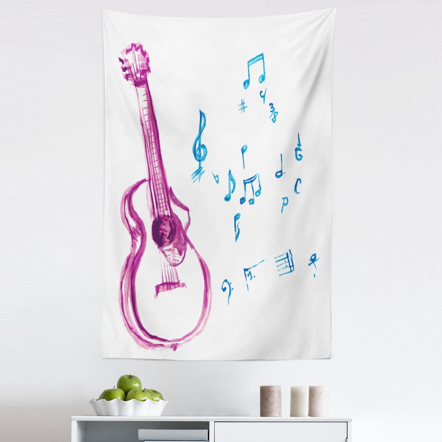 Guitar Tapestry, Watercolor Musical Instrument with Notes Sheet ...