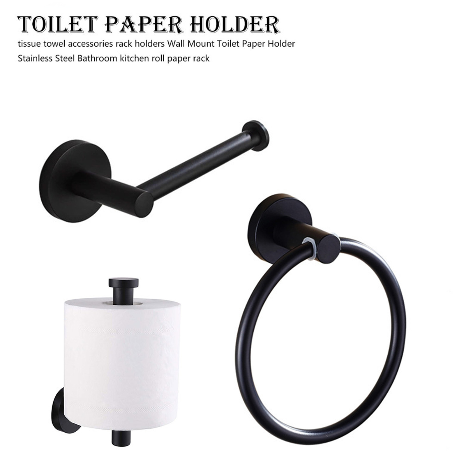 Stainless Steel Towel Ring Mounted Black Roll Paper Holder Bathroom Accessories Bath Hardware stainless-steel-towel-ring-mounted-black-roll-paper-holder-bathroom-accessories-bath-hardware