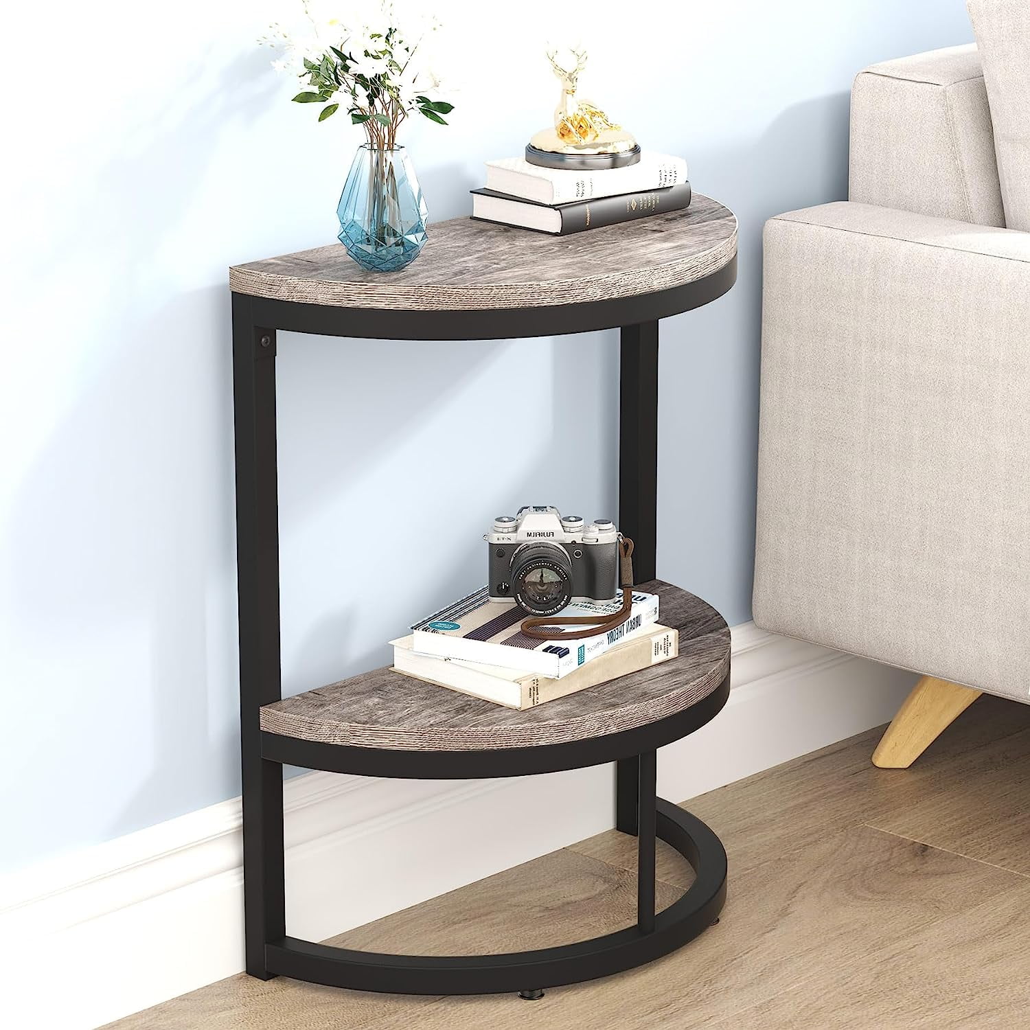Tribesigns 2-Tier End Table Semi Circle, Small Half Round Side Tables Living Room with Storage ...