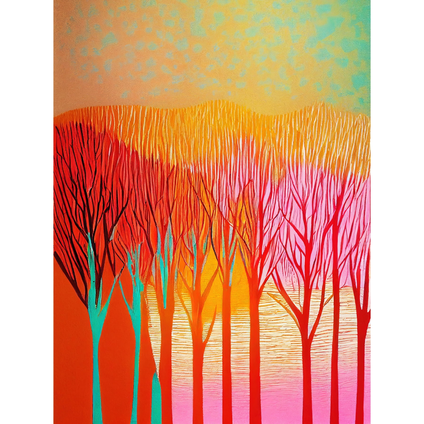 Forest Treetops Linocut Illustration Vibrant Bold Unframed Wall Art ...