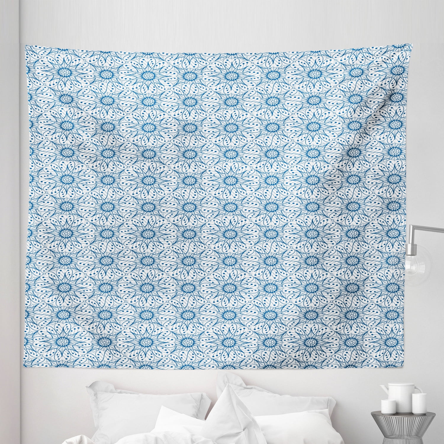 Blue White Tapestry, Dutch Tile Design with Large Flowers and Detailed ...