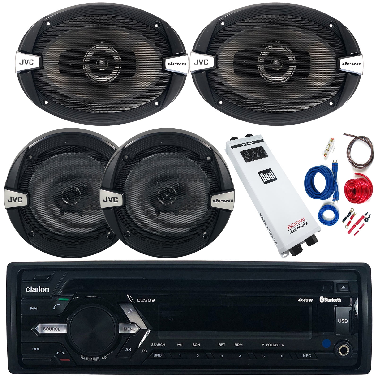 Clarion CZ309 Single DIN AM/FM Radio USB AUX CD Player Receiver Bundle ...