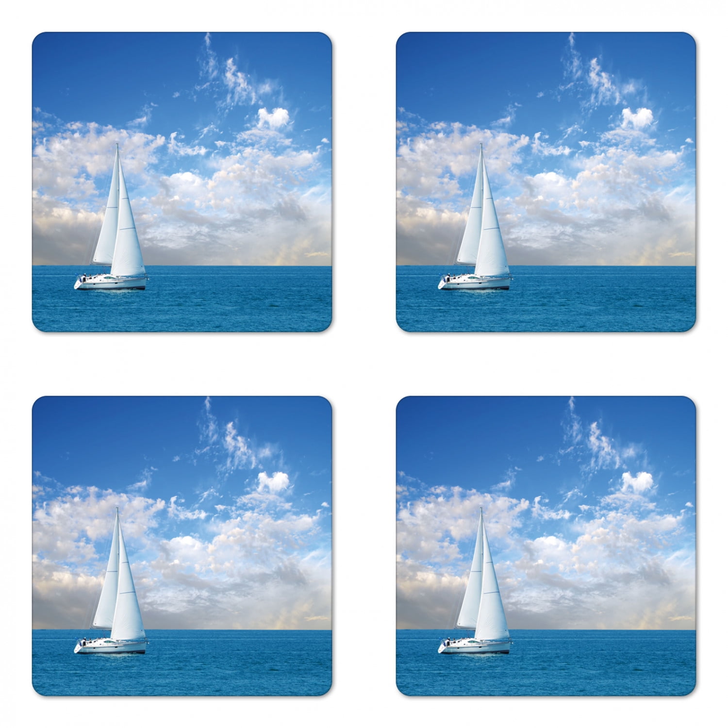 Ocean Coaster Set of 4, Modern Sail Boat on Sea Horizon Cloudy Sky ...