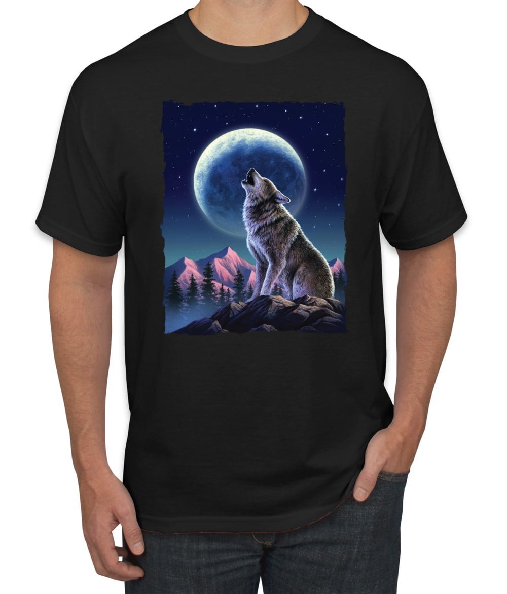 Full Moon Snow Wolf Howling Fashion Graphic T-Shirt, Black, 4XL ...