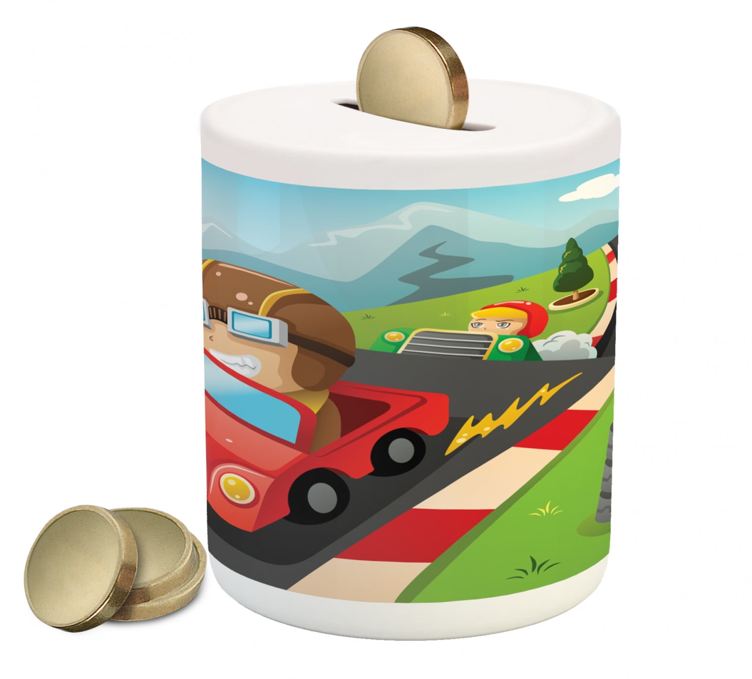 Sports Piggy Bank, Automobile Racing Boys on Highway Formula Car on the ...