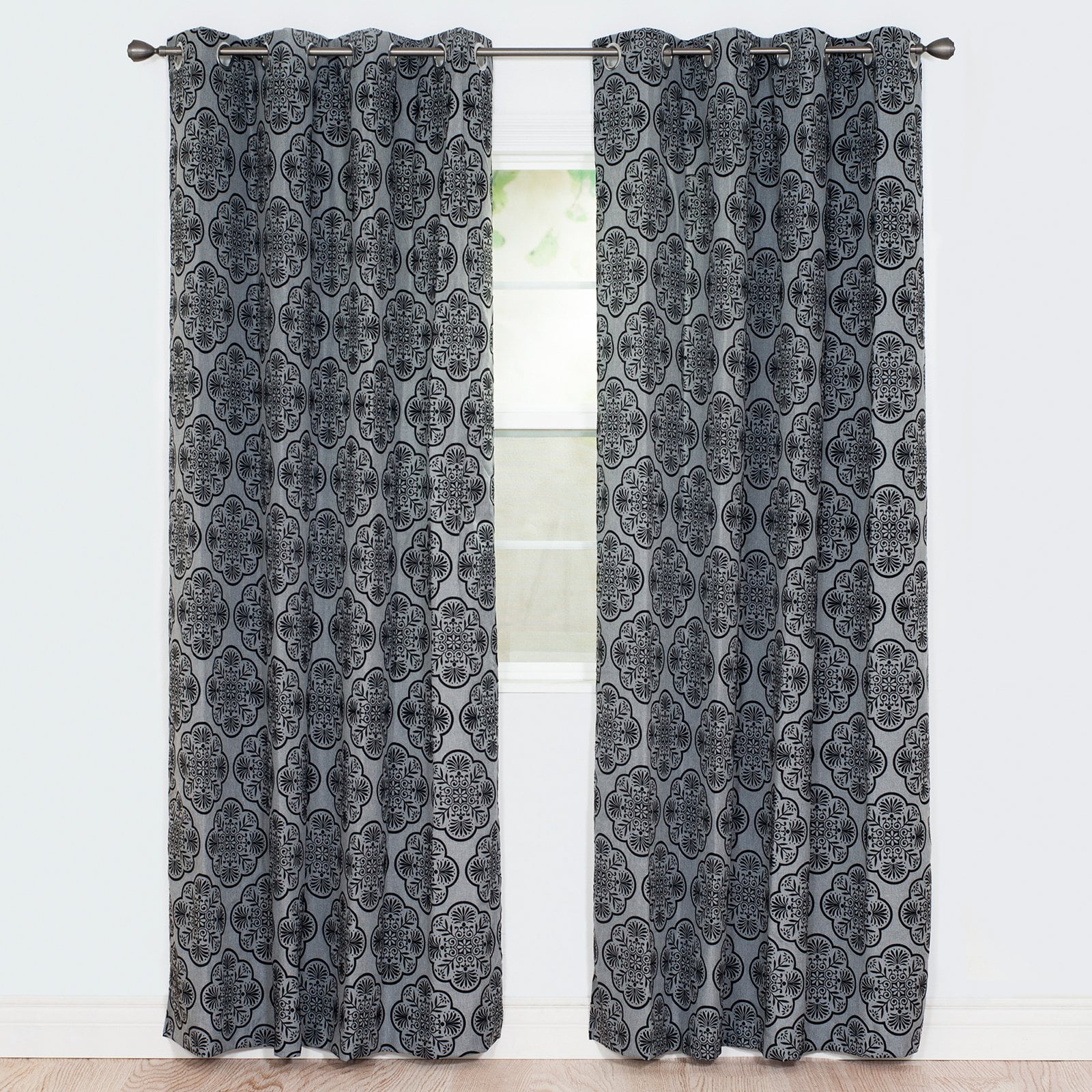 Lavish Home 63-206-108-CHAR 108 x 54 in. Dana Flocked Curtain Panel ...