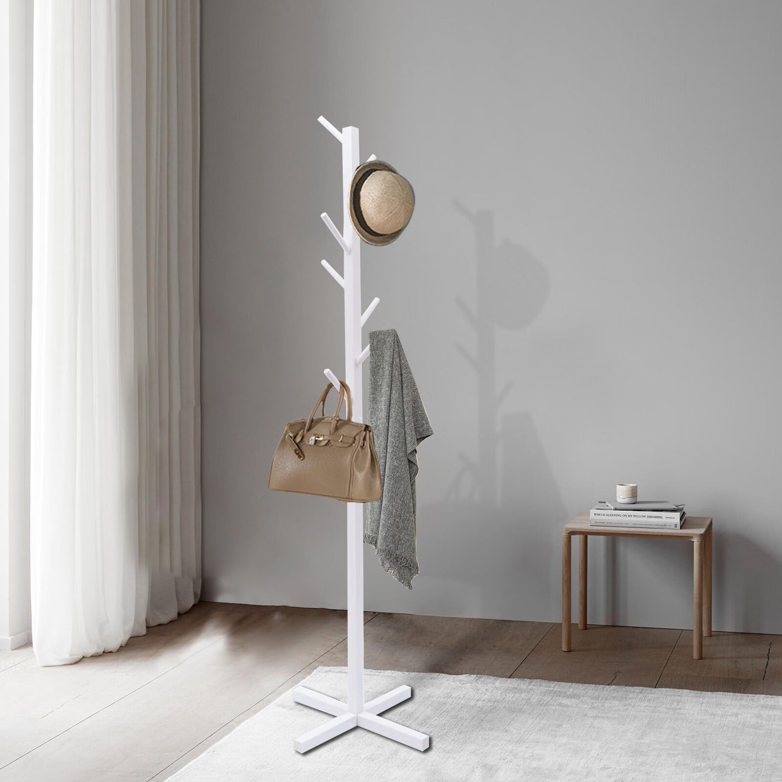 Coat Rack Wood Free Standing Tree Clothes Hanger Hallway Entryway 8 ...